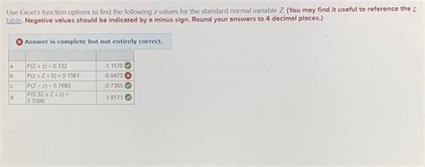 solved use excel s function options to find the following z