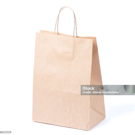점심 이나 음식 또는 흰색 고립 된 배경에 손잡이와 구매에 대 한 재활용 빈 크래프트 종이 쇼핑 가방의 모형 가방에 대한 스톡 사진 및 기타 이미지 Istock