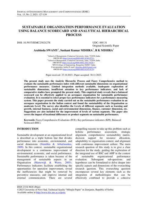 Pdf Sustainable Organisation Performance Evaluation Using Balance Scorecard And Analytical