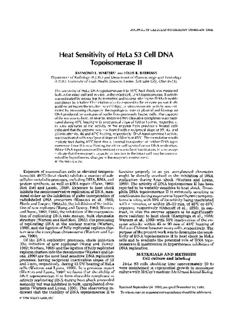Pdf Heat Sensitivity Of Hela S3 Cell Dna Topoisomerase Ii