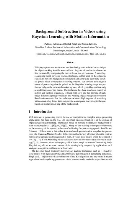 Pdf Background Subtraction In Videos Using Bayesian Learning Of