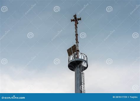 Tsunami Siren Warning Tower Disaster Prevention Tower With Loundspeakers At The Beach In