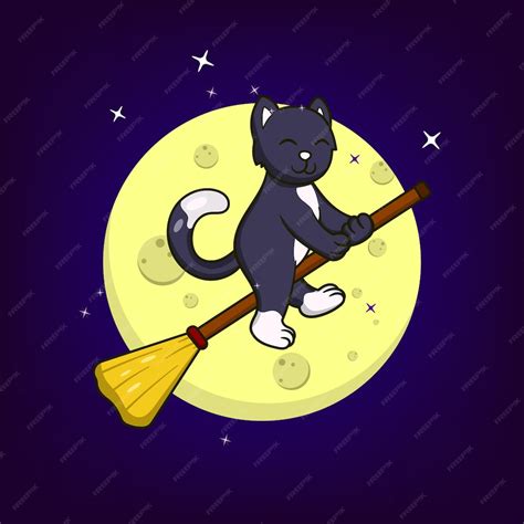 마법의 빗자루를 타고 귀여운 마녀 고양이 프리미엄 벡터