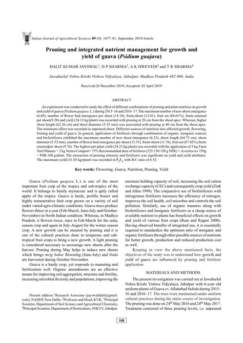 Pdf Pruning And Integrated Nutrient Management For Growth And Yield Of Guava Psidium Guajava