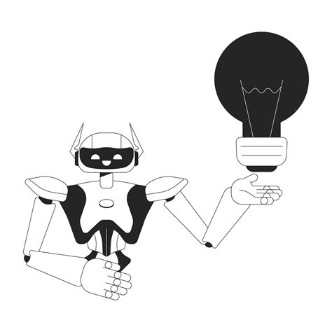 Robot Assistant Generating Idea Black And White 2d Line Cartoon Character Robotics Holding
