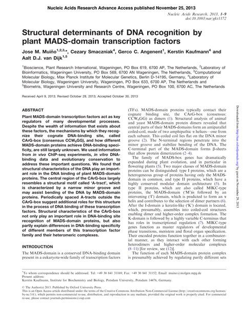Pdf Structural Determinants Of Dna Recognition By Plant Mads Domain