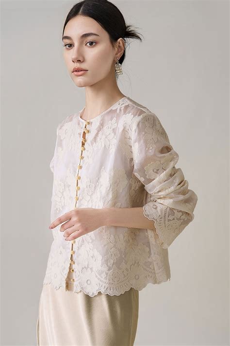 Fibflx Womens Floral Embroidered Lyocell Button Front Crewneck Blouse