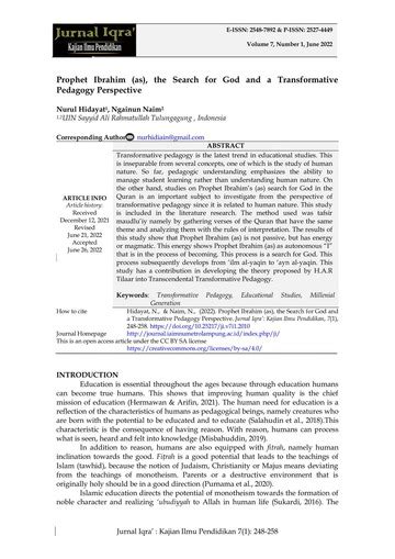 Prophet Ibrahim As The Search For God And A Transformative Pedagogy