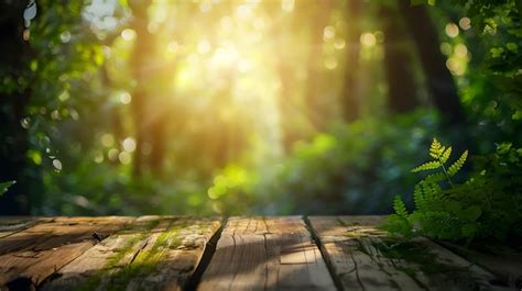 Wooden Table In A Natural Greenery Setting Premium AI Generated Image
