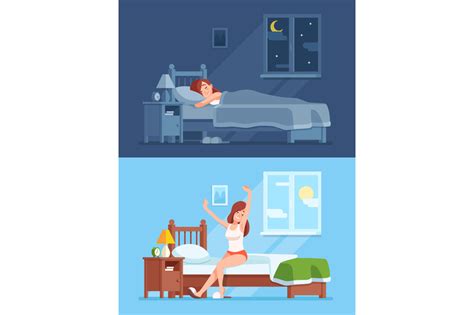 Lady Sleeping Under Duvet At Night Waking Up In Morning And Stretchin