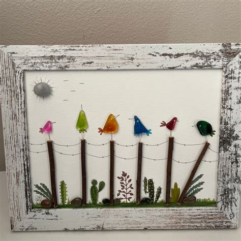 Sea Glass Art And Pebble Birds On Swing Framed Unique Handmade Seaglass