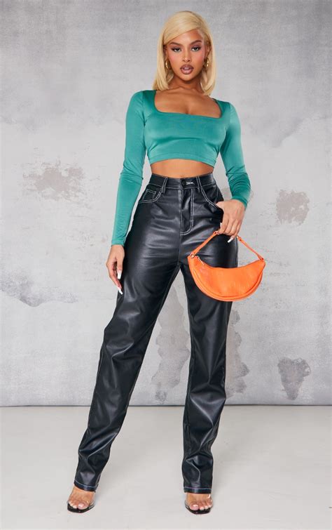 Dark Green Slinky Square Neck Crop Top Tops Prettylittlething