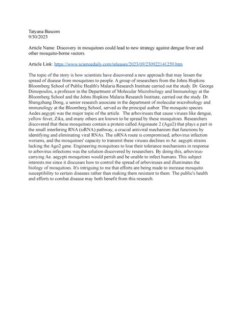Microbiology Research Summary Tatyana Bascom 9 30 Article Name Discovery In Mosquitoes Could