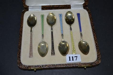 Enamelled Silver Gilt Teaspoons In Presentation Box Birmingham