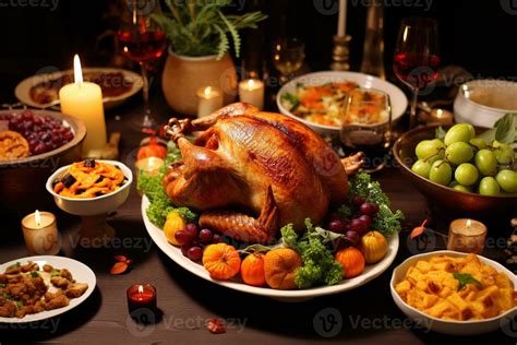 Traditional Homemade Roasted Thanksgiving Day Turkey Dinner Top View Table Scene On A Dark Wood