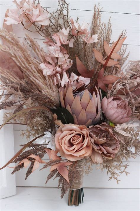 Bridesmaid Pampas Grass Bouquet Boho Wedding Dusty Rose Beige Bouquet