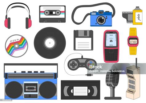 복고풍 전자 장치 세트 기술 90 년대의 상징 붐박스 비닐 카메라 플로피 디스크 90 년대의 향수 흰색 배경에 고립 된 밝은 색상의 벡터 일러스트 레이 션 1990 1999