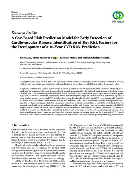 Pdf A Cox Based Risk Prediction Model For Early Detection Of