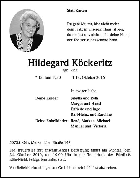 Traueranzeigen Von Hildegard Köckeritz Wirtrauern