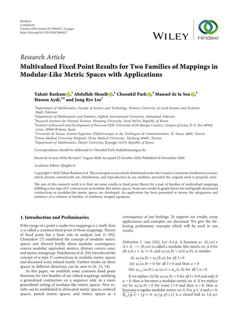 Pdf Multivalued Fixed Point Results For Two Families Of Mappings In Modular Like Metric Spaces
