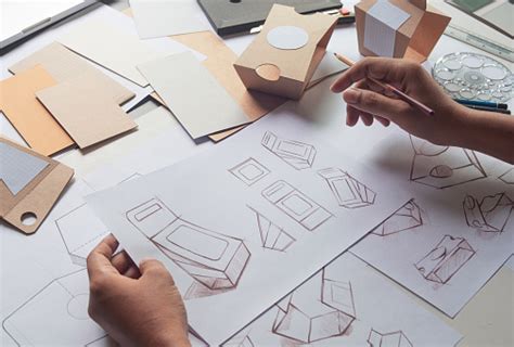 디자이너 스케치 드로잉 디자인 브라운 공예 판지 종이 제품 에코 포장 모형 상자 개발 템플릿 패키지 브랜딩 라벨 디자이너 스튜디오 개념 개념에 대한 스톡 사진 및 기타