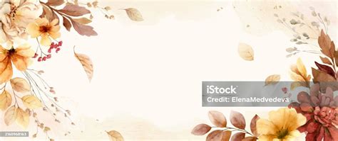 가을 수채화 가로 배너입니다 추수감사절과 추수감사절 가을 단풍과 꽃의 경계 인사말 카드 청첩장 및 장식을 위한 구성 벡터 일러스트 레이 션 11월에 대한 스톡 벡터 아트 및