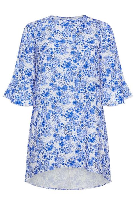 Yours London Plus Size Blue Floral Print Flute Sleeve Tunic Yours