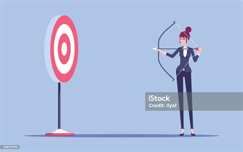대상에 Arching 공식적인 마모에 여자입니다 벡터 평면 일러스트 레이 션을 목표로 하는 활과 화살 쏘고와 젊은 비즈니스 여자