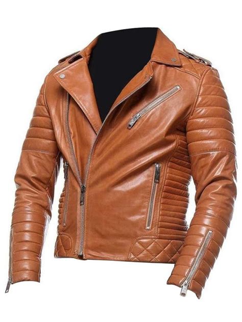 Mens Classic Motorcycle Tan Leather Jacket Grab
