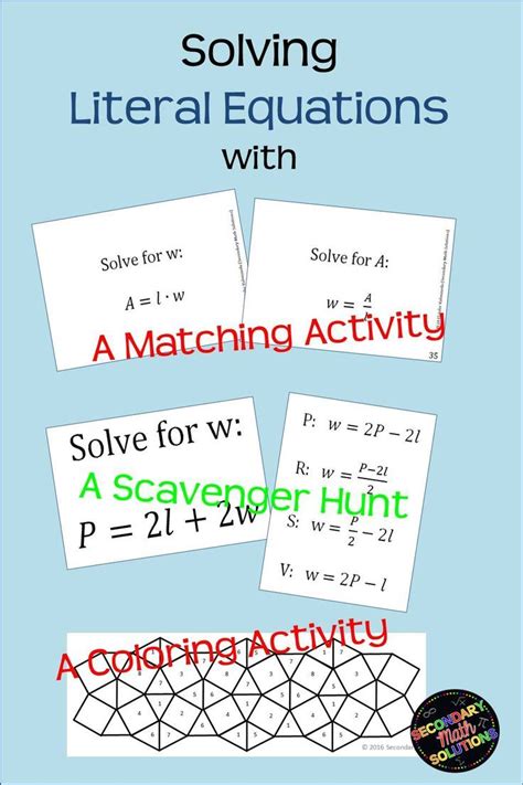 Literal Equations Matching Activity Literal Equations Math Lesson Plans Algebra Activities