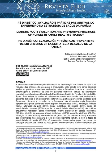Pdf PÉ DiabÉtico AvaliaÇÃo E PrÁticas Preventivas Do Enfermeiro Na