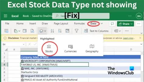 Excel Stock Data Type Not Showing Fix