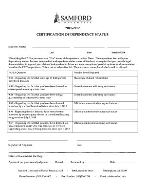 Fillable Online Samford Dependency Status Form Samford University Samford Fax Email Print