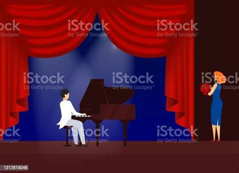 피아노 남자 무대 극장 전문가 플레이어 성능 음악가 놀이 사운드 클래식 디자인 만화 스타일의 벡터 일러스트레이션 Classical Concert에 대한 스톡 벡터 아트 및