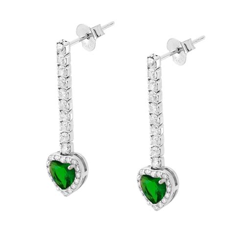 Orecchini Tennis Con Cuore Pendente Verde Smeraldo Contornato Da Cubic