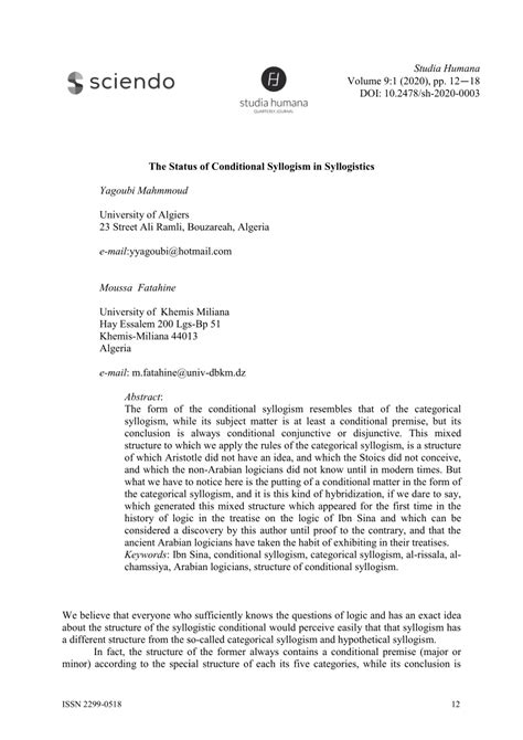 Pdf The Status Of Conditional Syllogism In Syllogistics