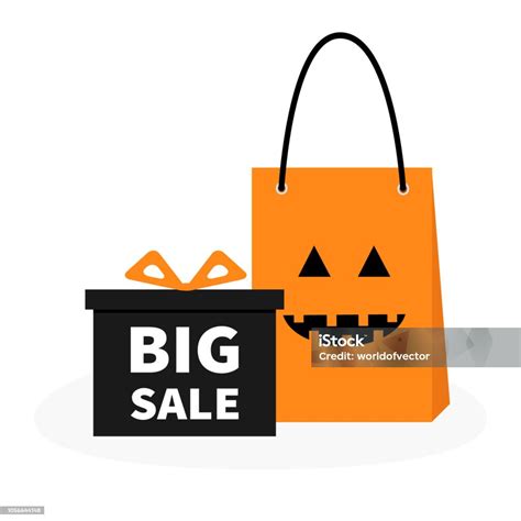 선물 상자 리본 그리고 나비입니다 호박 얼굴 쇼핑 가방입니다 Tbox 제시 큰 판매 해피 할로윈 광고 배너 포스터입니다 특별 한 제공 합니다 흰색 배경입니다 격리 평면