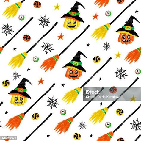 Pola Halloween Mulus Dengan Sapu Terbang Labu Dan Topi Penyihir