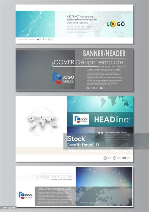 소셜 미디어 이메일 헤더 인기 있는 형식에서 배너 디자인 서식 파일의 편집 가능한 레이아웃의 최소한의 벡터 그림 분자 구조 선 및 점 들을 연결입니다 기술 개념 가리기에