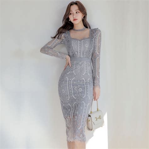Impression Fashion Women Elegant Korean Lace O Neck Long Sleeve Bodycon