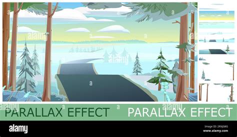 Winter Road Landscape View Of Snow Hills And Pines Set Of Slides Create Parallax Image Layer