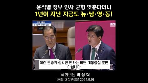 국회 대정부질문 윤석열 정부 인사 균형 맞춘다더니 1년이 지난 지금도 여전히 뉴라이트·남자·영남·서울대 동문 박상혁
