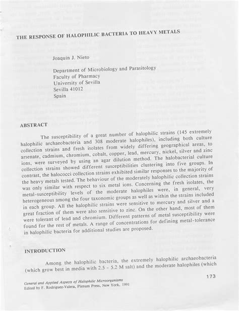 Pdf The Response Of Halophilic Bacteria To Heavy Metals