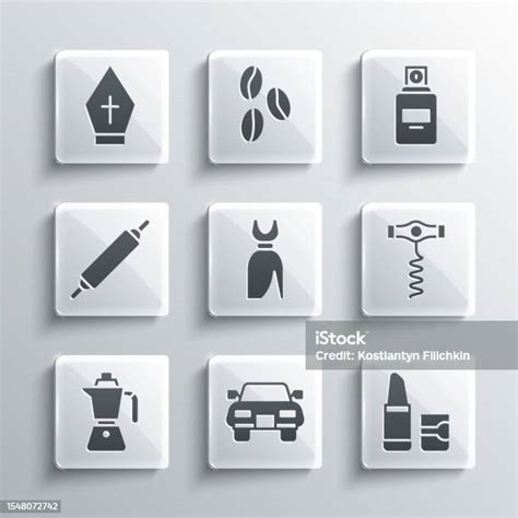 세트 자동차 립스틱 와인 코르크 마개 여자 드레스 커피 모카 냄비 롤링 핀 교황 모자 및 향수 아이콘 벡터 0명에 대한 스톡 벡터 아트 및 기타 이미지 Istock