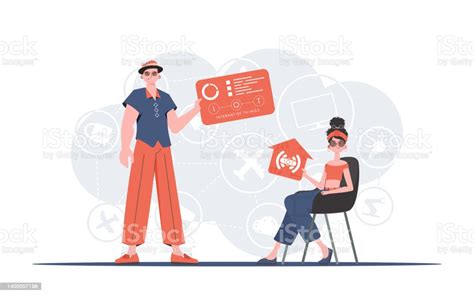 사물 인터넷 개념 소녀와 남자는 Iot 분야의 팀입니다 프리젠 테이션 및 웹 사이트에 좋습니다 플랫 스타일의 벡터 일러스트레이션입니다 개념에 대한 스톡 벡터 아트 및 기타