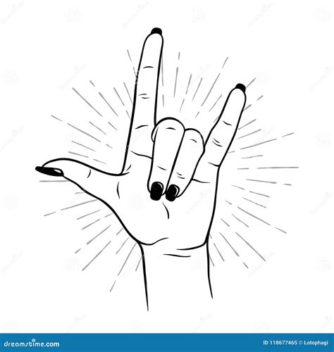 Hand Drawn Female Hand In Rock Gesture Flash Tattoo Blackwork
