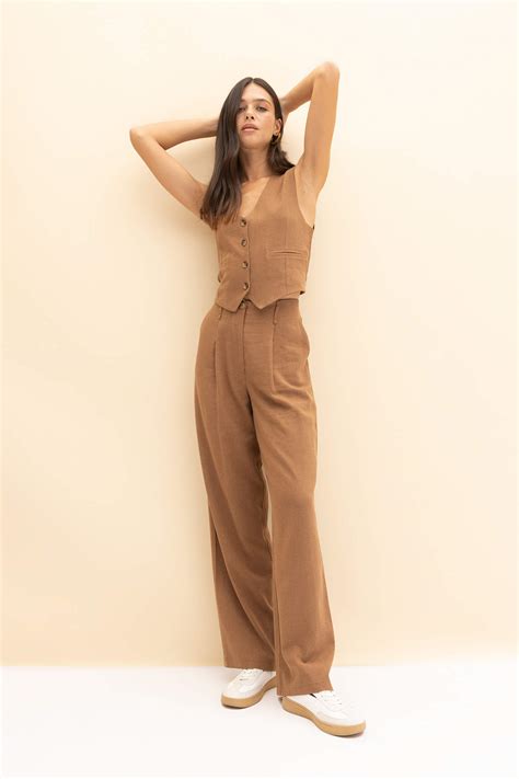 بني نساء بنطلون كتان وايد ليج 2798056 Defacto