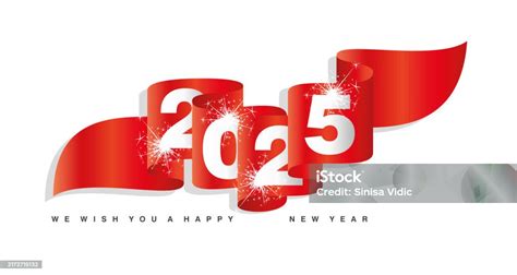 새해 2025 컨셉 디자인 템플릿 스파클 불꽃 놀이 화이트 실버 2025 빨간 물결 모양 리본 포스터 배너 인사말 카드에 대한 프리미엄 벡터 디자인 요소 0명에 대한 스톡