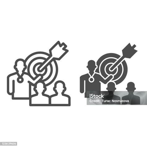 目標與箭頭和講師線和堅實的圖示 演示概念 領導者呈現業務目標標誌在白色背景 揚聲器與實現目標任務圖示在大綱向量圖形向量圖形及更多一組物體圖片