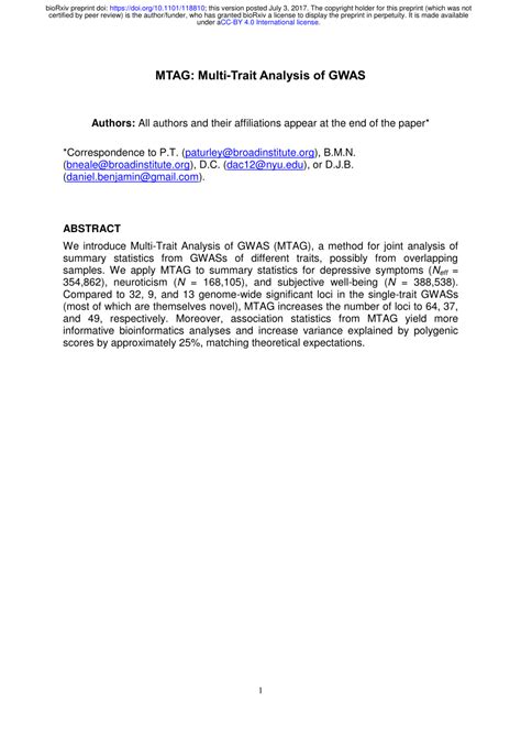 pdf mtag multi trait analysis of gwas